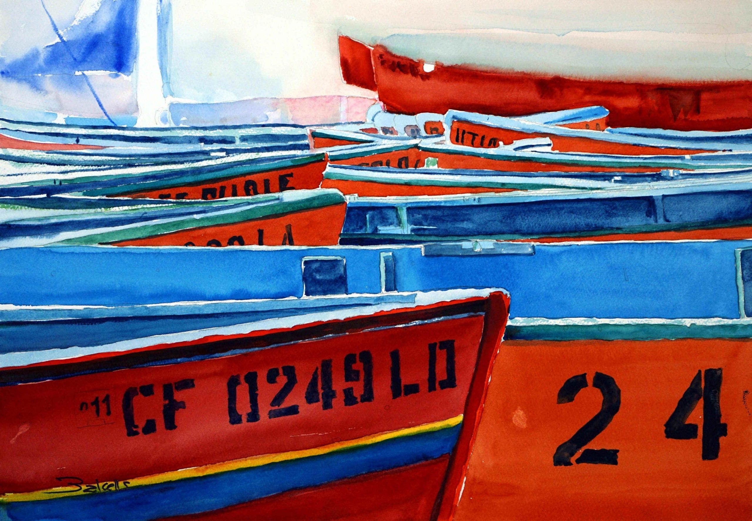 BLUE AND RED ROW BOATS - MARIA BALCELLS ART